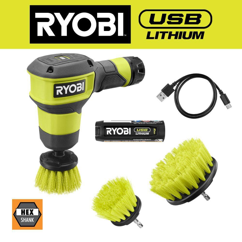 RYOBI USB Lithium Compact Scrubber Kit with 2.0 Ah Battery, USB Chargi ...