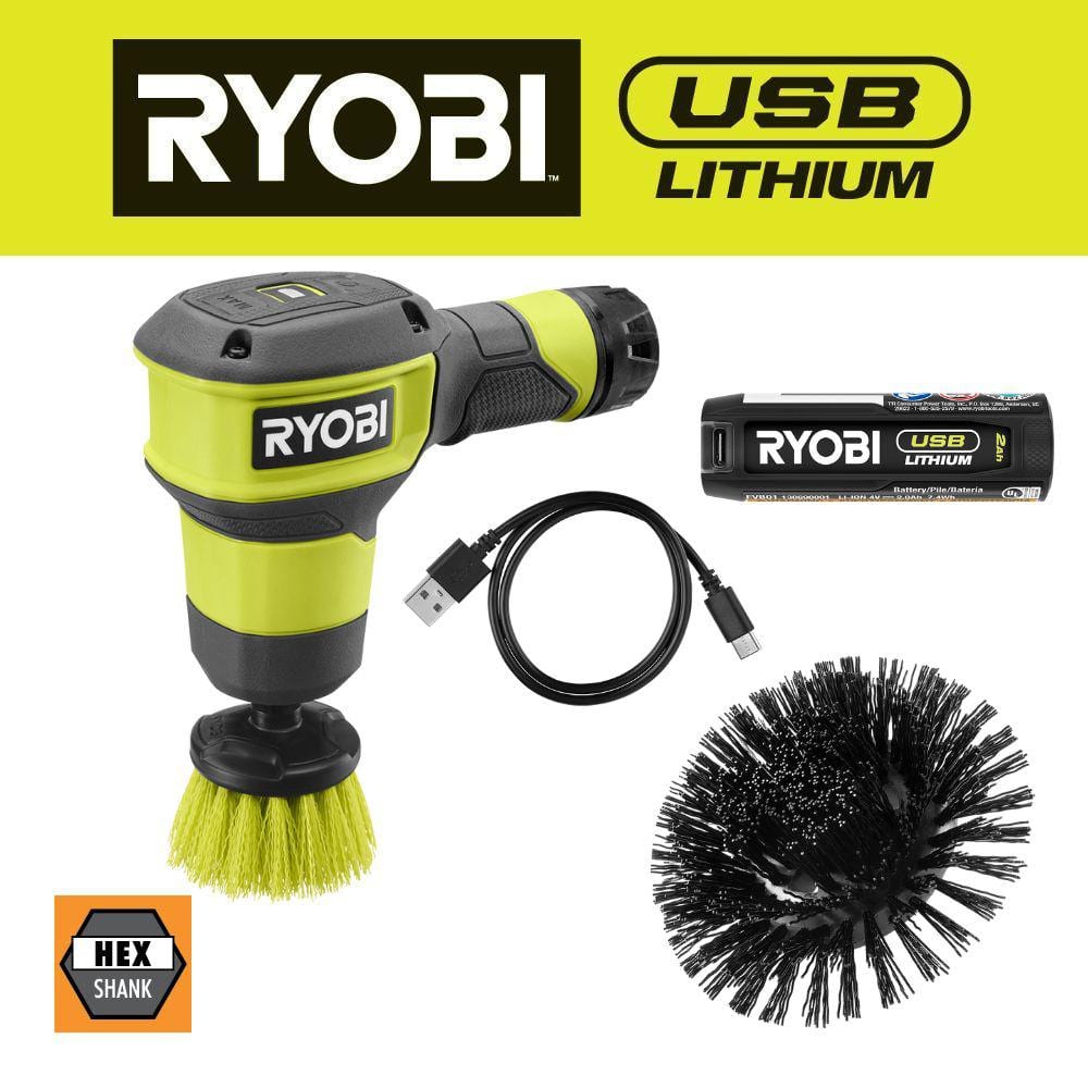 RYOBI USB Lithium Compact Scrubber Kit with 2.0 Ah Battery, and USB Ch ...
