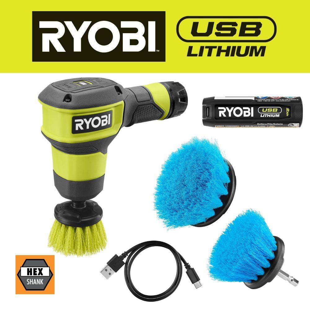 RYOBI USB Lithium Compact Scrubber Kit with 2.0 Ah Battery, and USB Ch ...