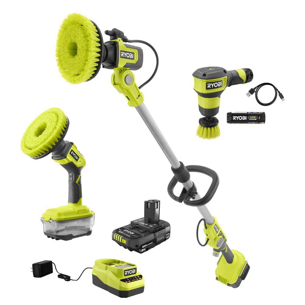 RYOBI ONE+ 18V Soap Dispensing Scrubber & Compact Power Scrubber Kit w ...