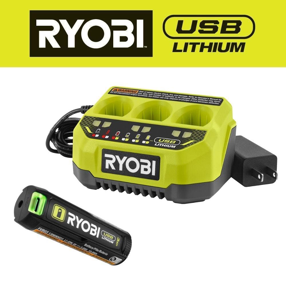 RYOBI USB Lithium 3-Port Charger with USB Lithium 3.0 Ah Lithium-Ion R ...