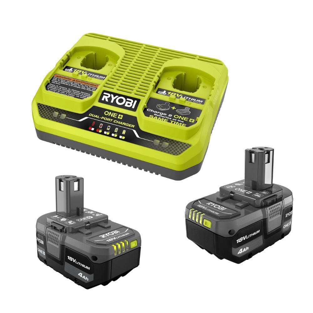 RYOBI ONE+ 18V Dual-Port Simultaneous Charger with ONE+ 18V 4.0 Ah Lit ...