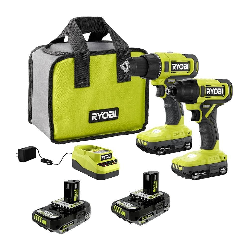 RYOBI ONE+ 18V Cordless 2-Tool Combo Kit with (2) 1.5 Ah Batteries, an ...