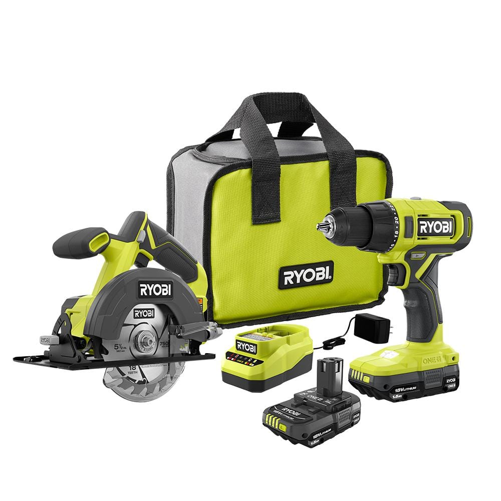 RYOBI ONE+ 18-Volt Lithium-Ion Cordless 2-Tool Combo Kit with 1/2 in ...