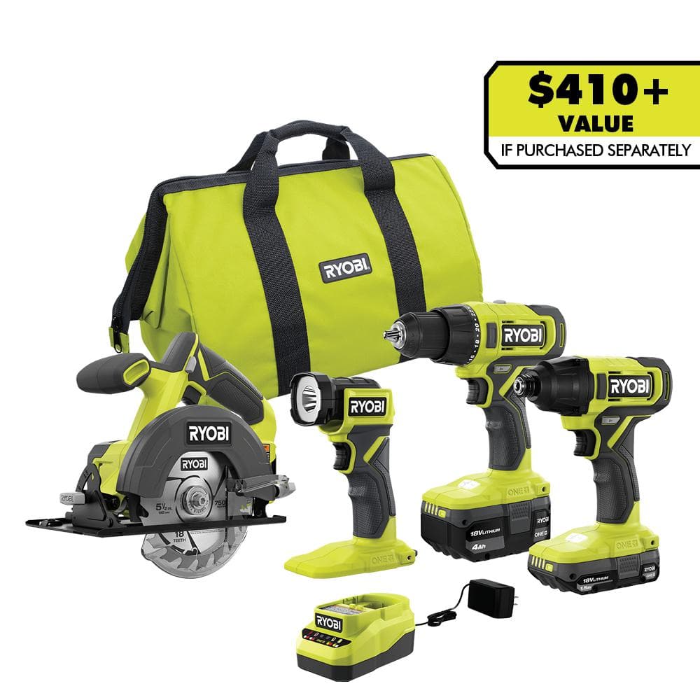 RYOBI ONE+ 18V Cordless 4-Tool Combo Kit with 1.5 Ah Battery, 4.0 Ah B ...