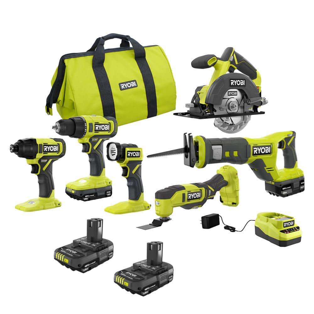 RYOBI ONE+ 18V Cordless 6-Tool Combo Kit with 1.5 Ah Battery, 4.0 Ah B ...