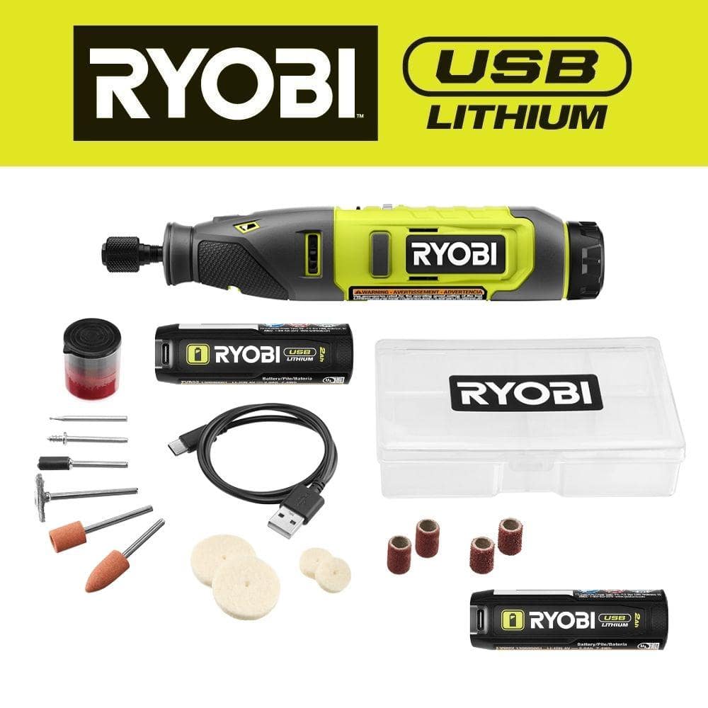 RYOBI USB Lithium Rotary Tool Kit with USB Lithium 2.0 Ah Lithium Rech ...