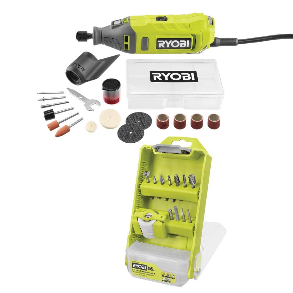 RYOBI 1.2 Amp Corded Rotary Tool with Rotary Tool 16-Piece Carving & E ...