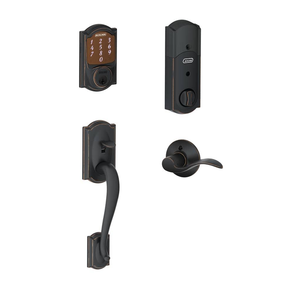 Schlage Camelot Aged Bronze Sense Smart Lock with Accent Lever Door Ha ...