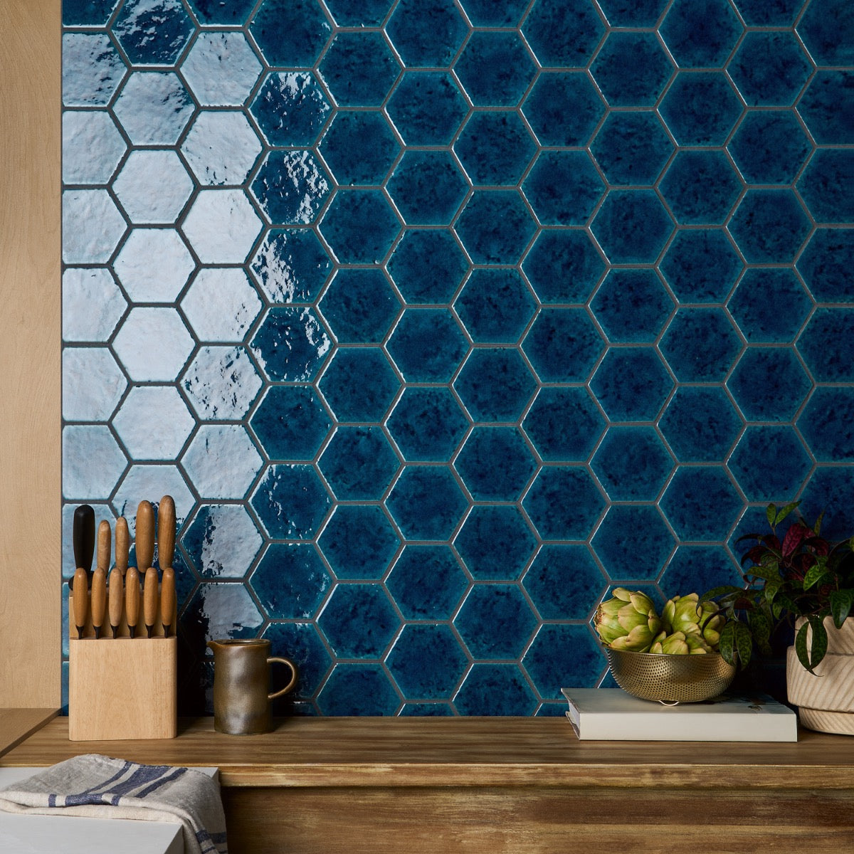Breeze Ocean Blue 4.5" Hexagon Crackled Glossy Porcelain Tile by Lux T ...