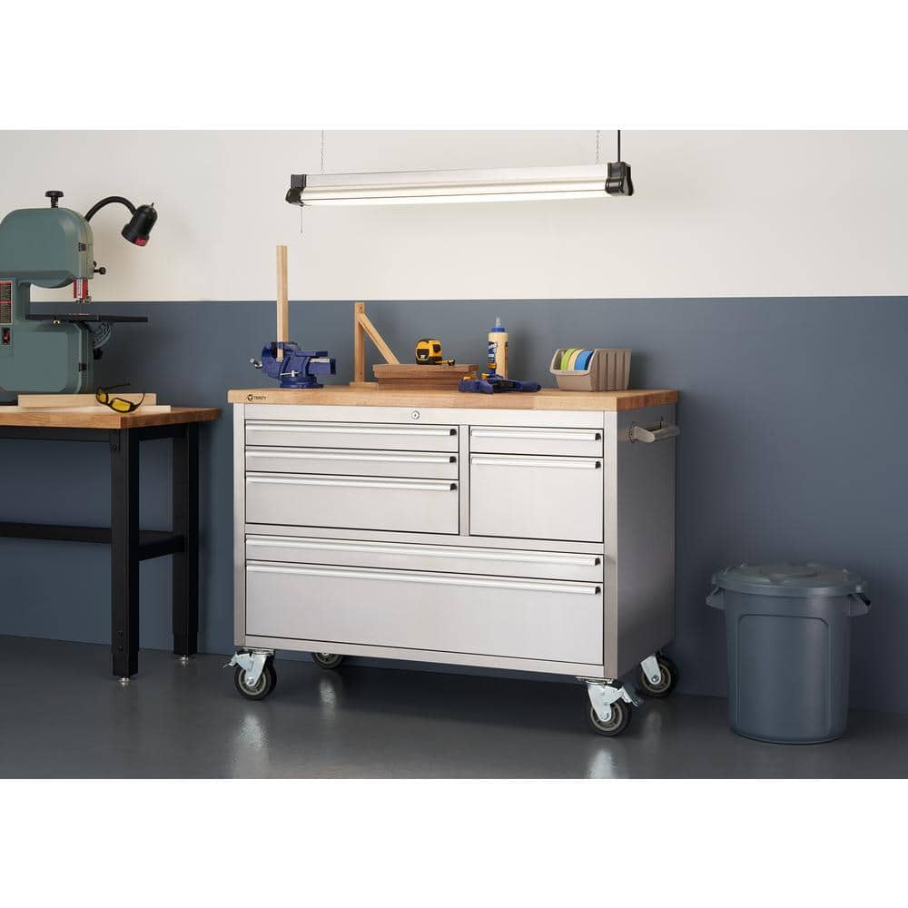 TRINITY 48 in. W x 26 in. D 7-Drawer Stainless Steel Workbench with St ...