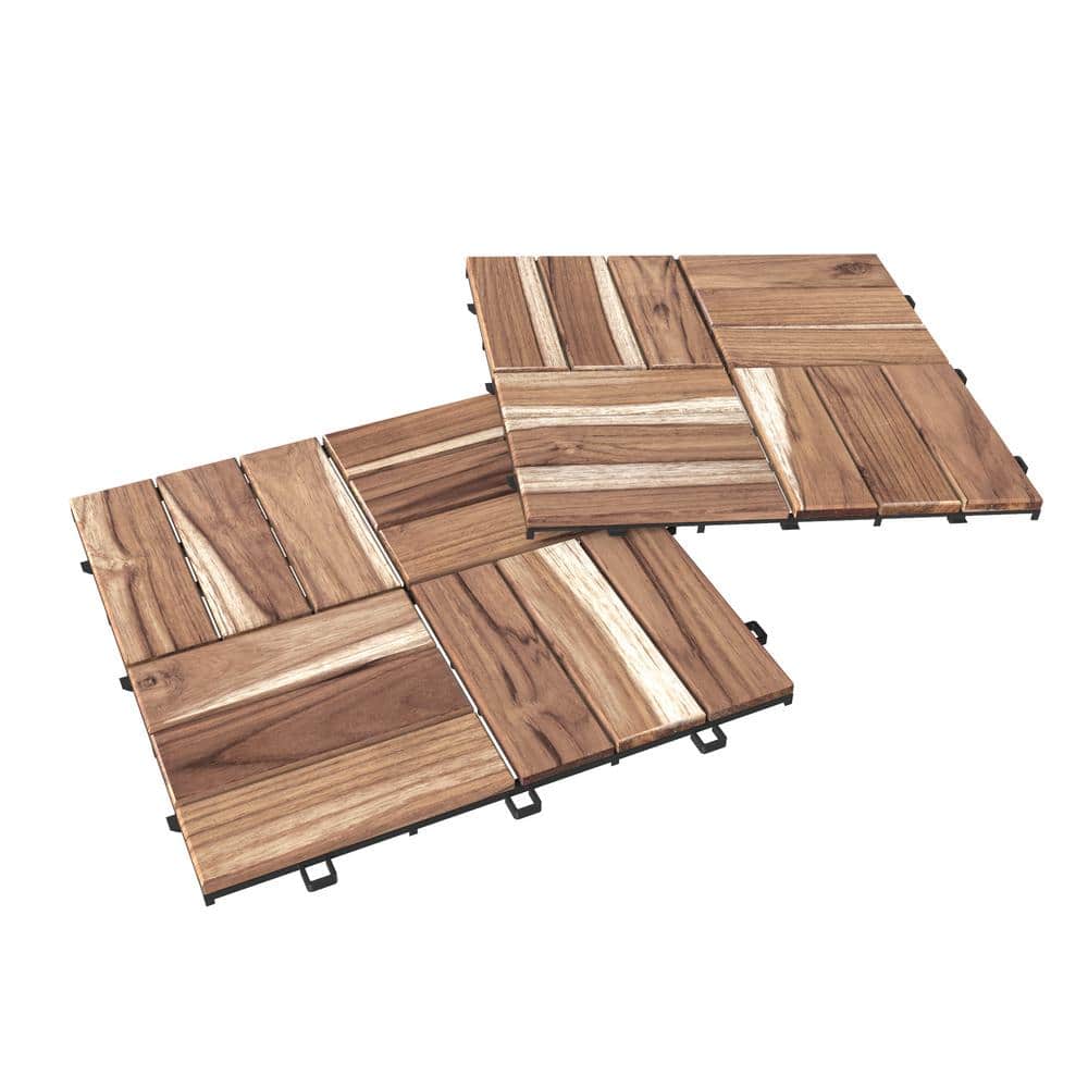 Interbuild 1 ft. x 1 ft. Interlocking 12 Slat Solid Teak Wood Deck Til ...