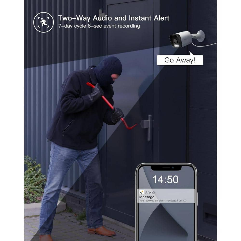 ARENTI 4MP Hardwired Wi-Fi Outdoor Security Camera with Spotlight/Sire ...