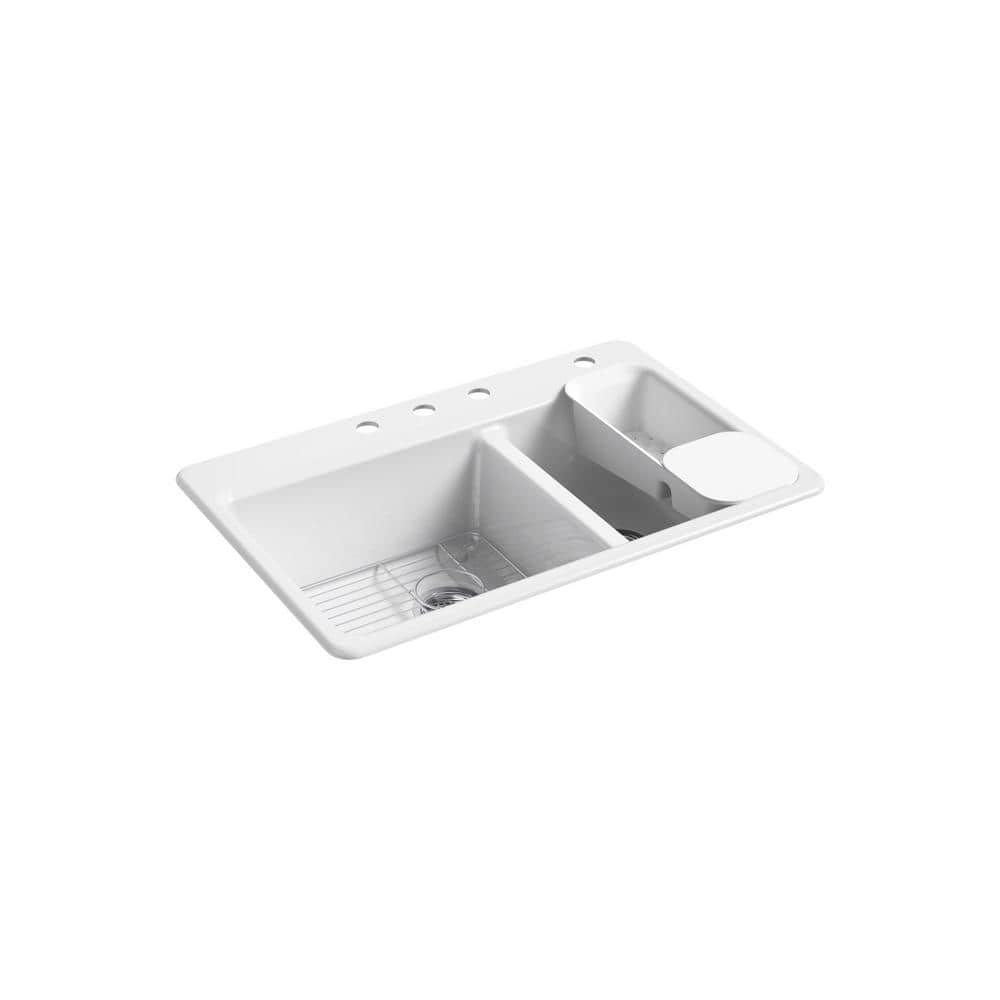 KOHLER Riverby White Cast Iron 33 in. 4-Hole Double Bowl Drop-In Kitch ...