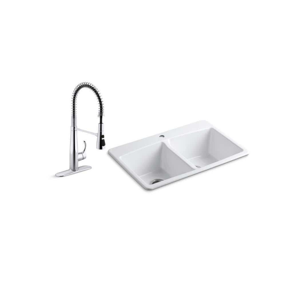 KOHLER Brookfield Drop-In Cast Iron 33 in. Double Bowl Kitchen Sink wi ...