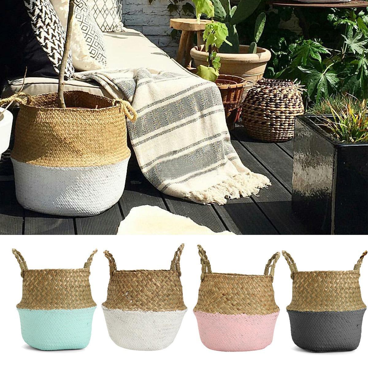 3 Size Handmade Rustic Storage Baskets Foldable Laundry Straw Patchwor ...